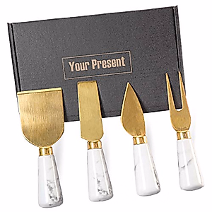 4PCs Gold Cheese Knife Set, Marble Cheese Butter Spreader Cutter with Ergonomic Ceramic Handle for Bread, Stainless Steel Cheese Shaver and Fork for Kids, Birthday, Wedding, Anniversary(Gold)