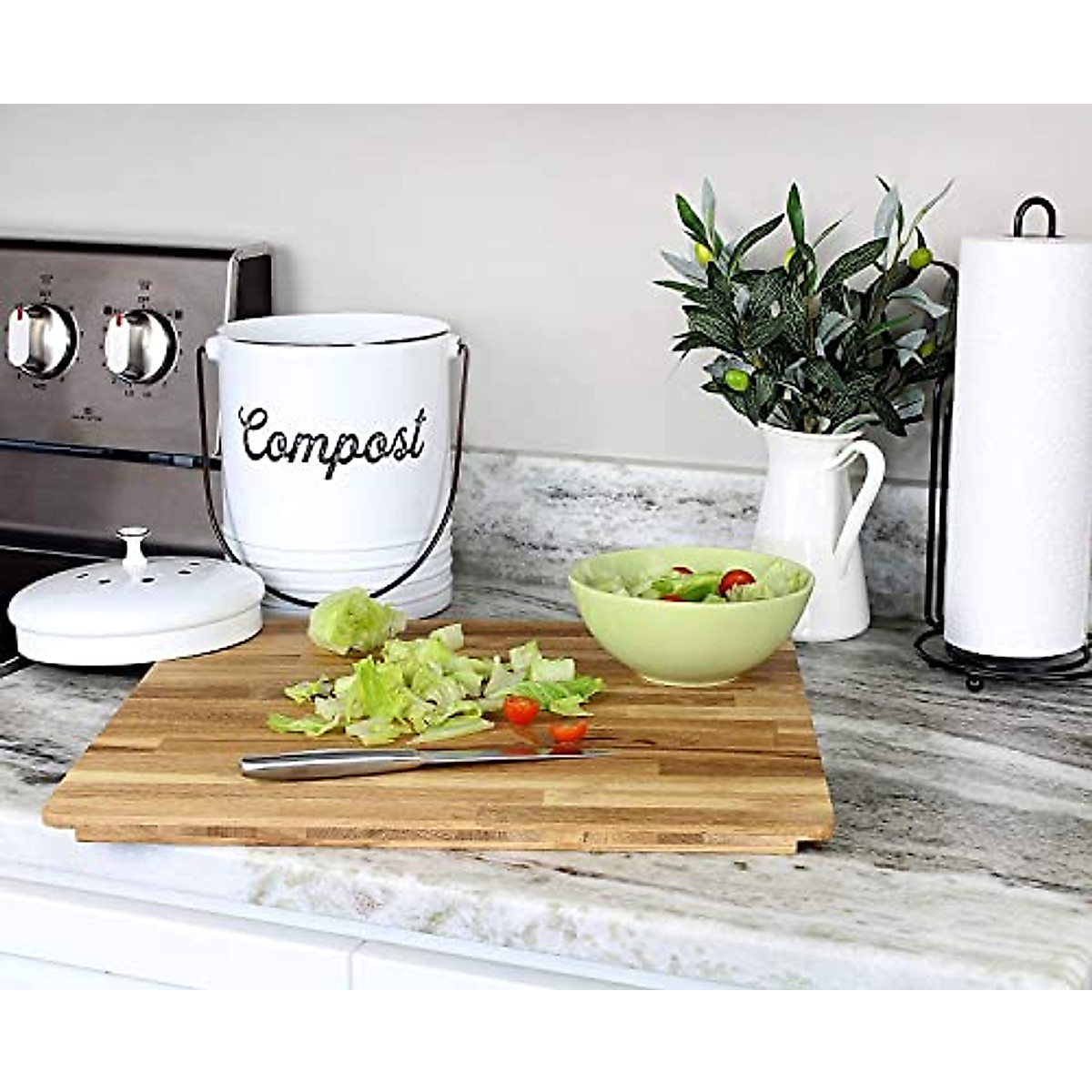 AuldHome White Enamelware Compost Bin, Farmhouse Compost Can Set with Lid and Charcoal Filters, 1.3 Gallon