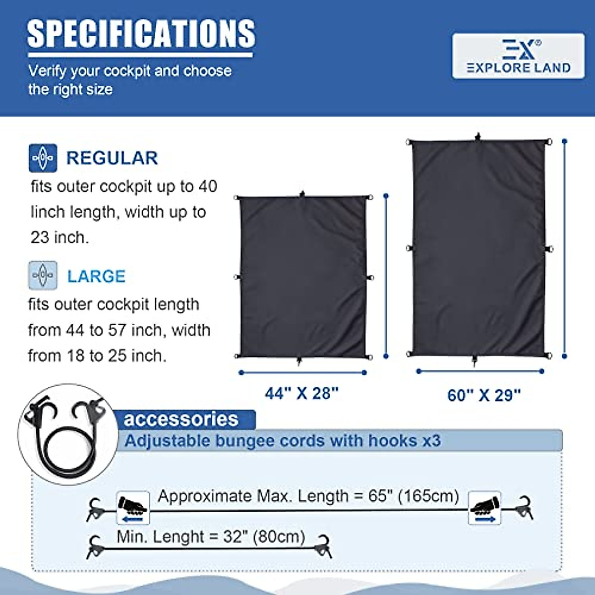 Explore Land Universal Kayak Cockpit Drape Waterproof Seal Cockpit Cover for Indoor and Outdoor 2 Pack - Large 60 x 29 inch, Black