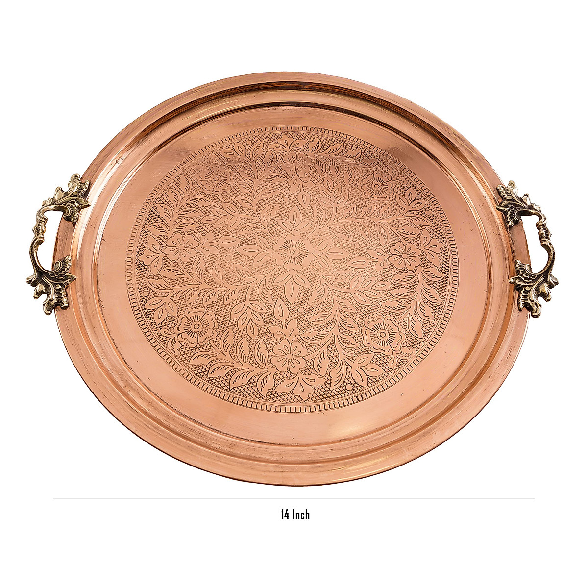 Hammered Copper Serving Tray with Brass Handle - Decorative Round Coffee Table Tray - Multi-Purpose Kitchen Food Tray Decorative for Breakfast, Dinner, and Parties, 14 Inch (Flower Design)