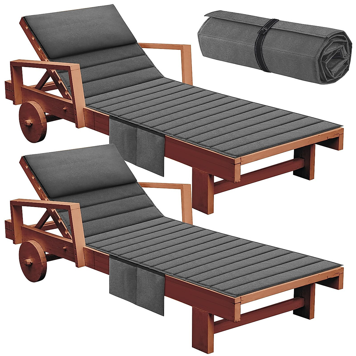 Hoolerry 2Pcs Folding Chaise Lounge Cushion Outdoor 72'' x 21'' Waterproof Lounge Chair Cushion Sofa Lawn Lounge Cushion with Headrest and Pocket Patio Recliner Cushion for Pool, No Chair (Grey)