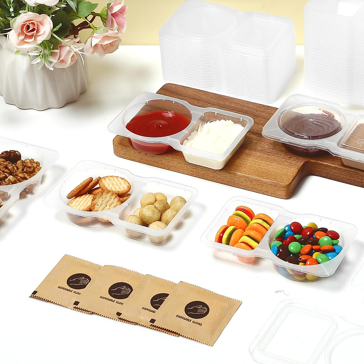 tiaotyu 20 Pack Leak-Proof Dual Compartment Containers with Lids, Disposable Sauce Cups for Dips, Condiments, Snacks, Salads – Ideal for Catering, Parties & Takeout