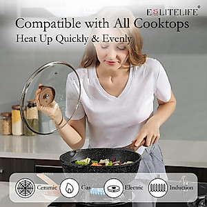 ESLITE LIFE Nonstick Deep Frying Pan with Lid, 5 Quart/11 Inch Granite Coating Sauté Pan Compatible with All Stovetops (Gas, Electric & Induction), PFOA Free, Black