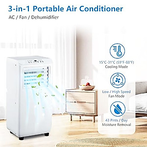 Portable Air Conditioner 3 in 1 with Remote Cool, 10000 BTU(ASHRAE)/6500 BTU (SACC), Dehumidifier & Fan Modes For Home Up To 450 Sq.Ft, Installation Kit For Room, Office, Dorm, Bedroom