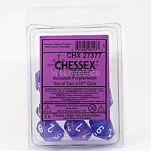 Chessex Borealis Purple/White Luminary Set of Ten d10s (27377)