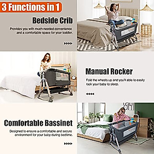GJCOS Baby Bassinet Bedside Sleeper (Gray) - 3 in 1 Bedside Bassinet Cribs, Breathable Attached Mesh Side, Toddler Bassinet Attach to Bed, Adjustable & Convertible Bassinet Baby Co Sleeper for Bedside