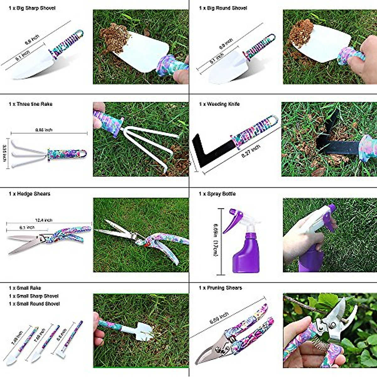Garden Tools Set, JUMPHIGH 10 Pieces Gardening Tools with Purple Floral Print, Ergonomic Handle Trowel Rake Weeder Pruner Shears Sprayer, Garden Hand Tools with Carrying Case Gardening Gifts for Women