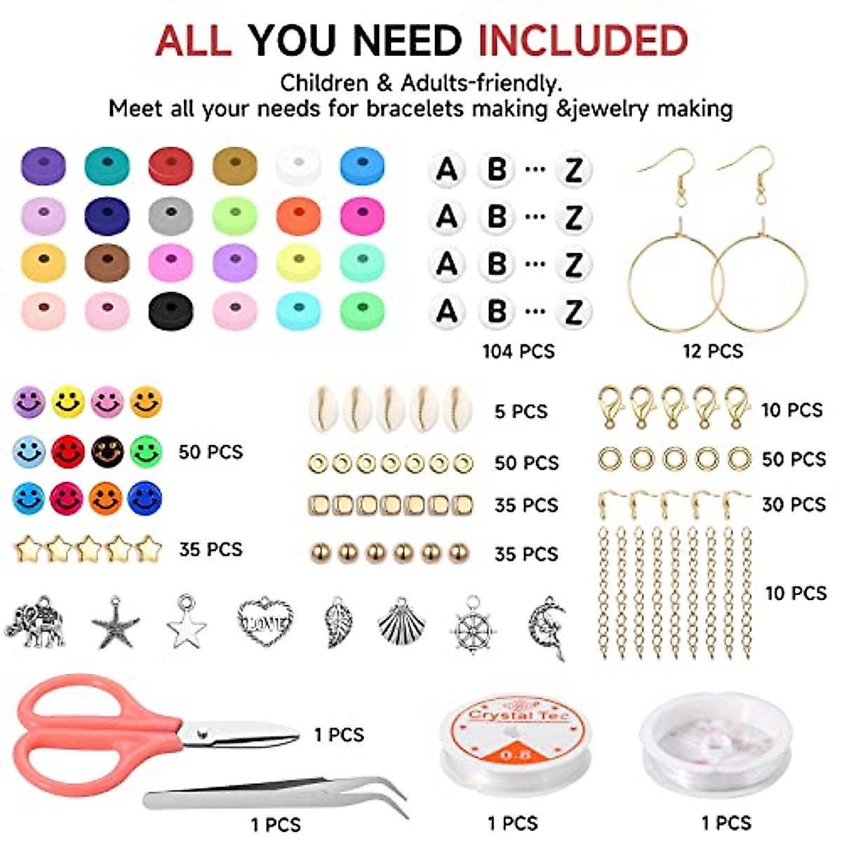 OPPRYN 6000 Pcs Clay Beads Bracelet Making Kit,24 Colors Flat Beads for Jewelry Making,6mm Heishi Beads with Letter Beads Smiley Face Beads Pendant Charms Kit and Elastic Strings,Gifts Set for Girls