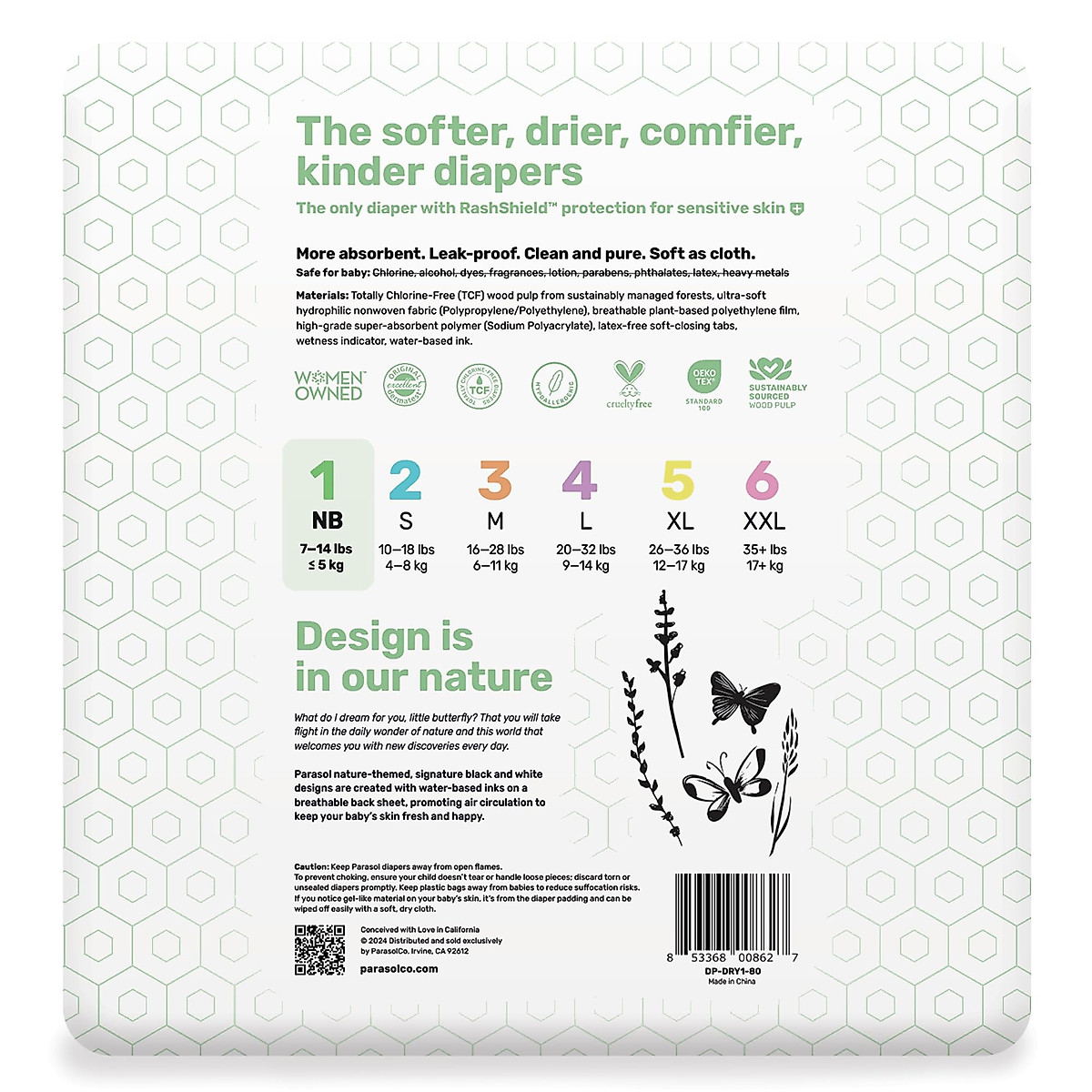 PARASOL Clear+Dry Disposable Diapers, RashShield Protection, Leakproof Design, Hypoallergenic, Size 1 (7-14 lbs), 160 Count