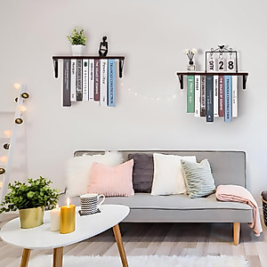 Outink Floating Book Shelves for Wall, Multi-Function Space Saving Wall Bookshelf, Unique Wooden Hanging Bookshelf for Bedroom Living Room Decor & Storage, 16" x 7" (2 Packs, Dark Brown)
