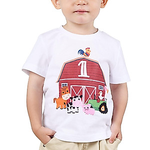 1st Birthday T-Shirt Baby Boy Toddler Farm Animal One 1 Year Old B-Day Tee Gift First Farm Animals Themed Birthday Party Top Tee Cotton T Shirt Printed Short Sleeve Outfit(White, 1T, 1_Year)