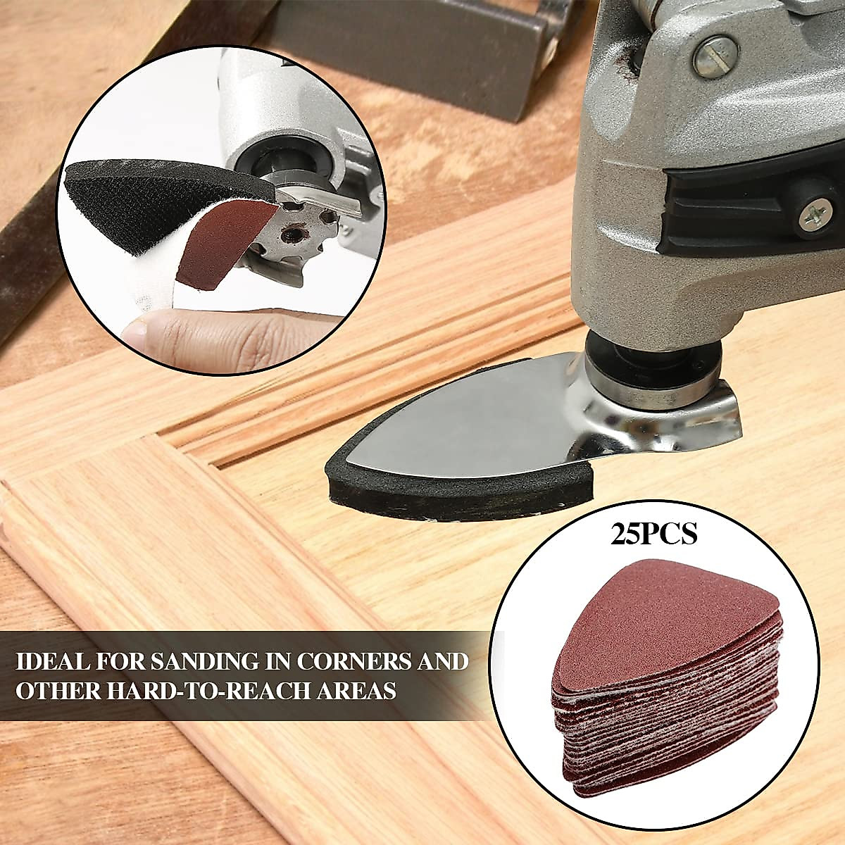 Oscillating Tool Detail Sanding Pads Kit, 2Pcs Triangle Sanding Pads and 2Pcs Finger Sanding Pad, 50Pcs Sandpaper, for Wood/Plaster Other Surfaces Polish Sanding, Compatible with Multiple Tools