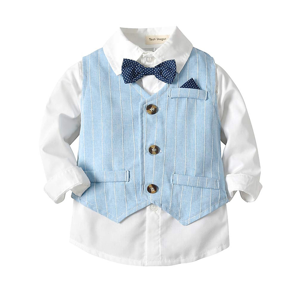 Tem Doger Baby Boys Formal Suit Toddler Gentleman Set Dress Slim Fit Long Sleeve Shirt+Blue Vest+Pants Outfits Tuxedo (90/12-18 Months, blue2)