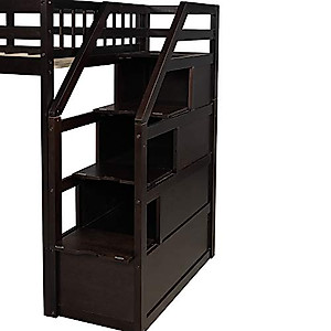 Twin Loft Bed with Slide and 3 Storage Grids, Wood Storage Twin Loft Bed Frame with Staircase and Guardrail for Kids, Twin Size, No Box Spring Needed, (White) (Espresso)