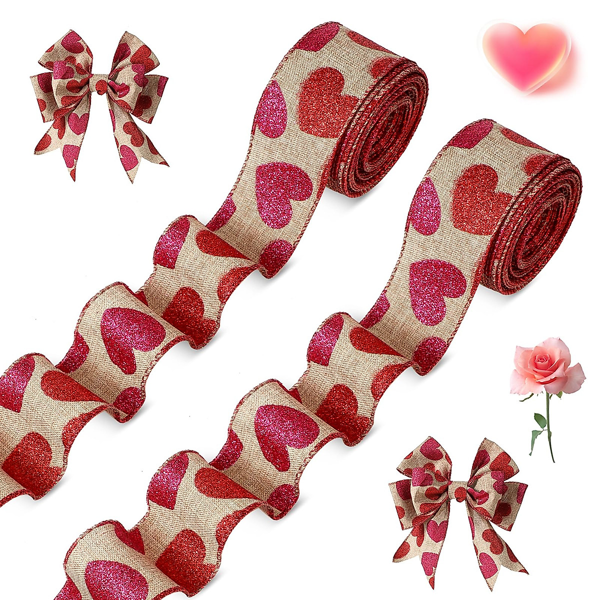 2 Roll 20 Yards Glitter Hearts Wired Edge Burlap Ribbon Valentine Ribbon Valentine's Day Wired Ribbon for DIY Gift Wrapping Wreath Crafts Decoration, 2.5 Inch (Black, Red, Pink)