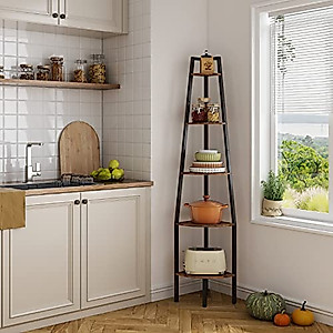 Hoctieon Corner Shelf, Industrial 5-Tier Corner Bookshelf, Rustic Corner Ladder Shelf, Corner Bookcase for Small Spaces, Bedroom, Living Room, Home Office, Kitchen, Balcony, Rustic Brown