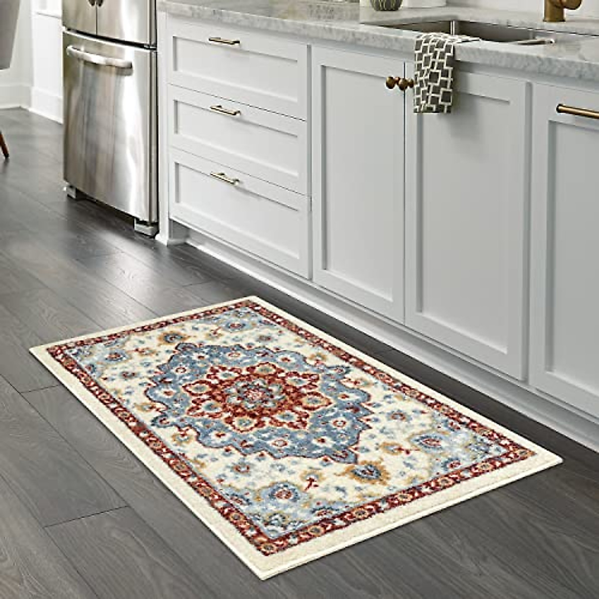 Maples Rugs Stina Vintage Medallion Kitchen Rugs Non Skid Accent Area Carpet [Made in USA], Blue/Red, 2'6" x 3'10"