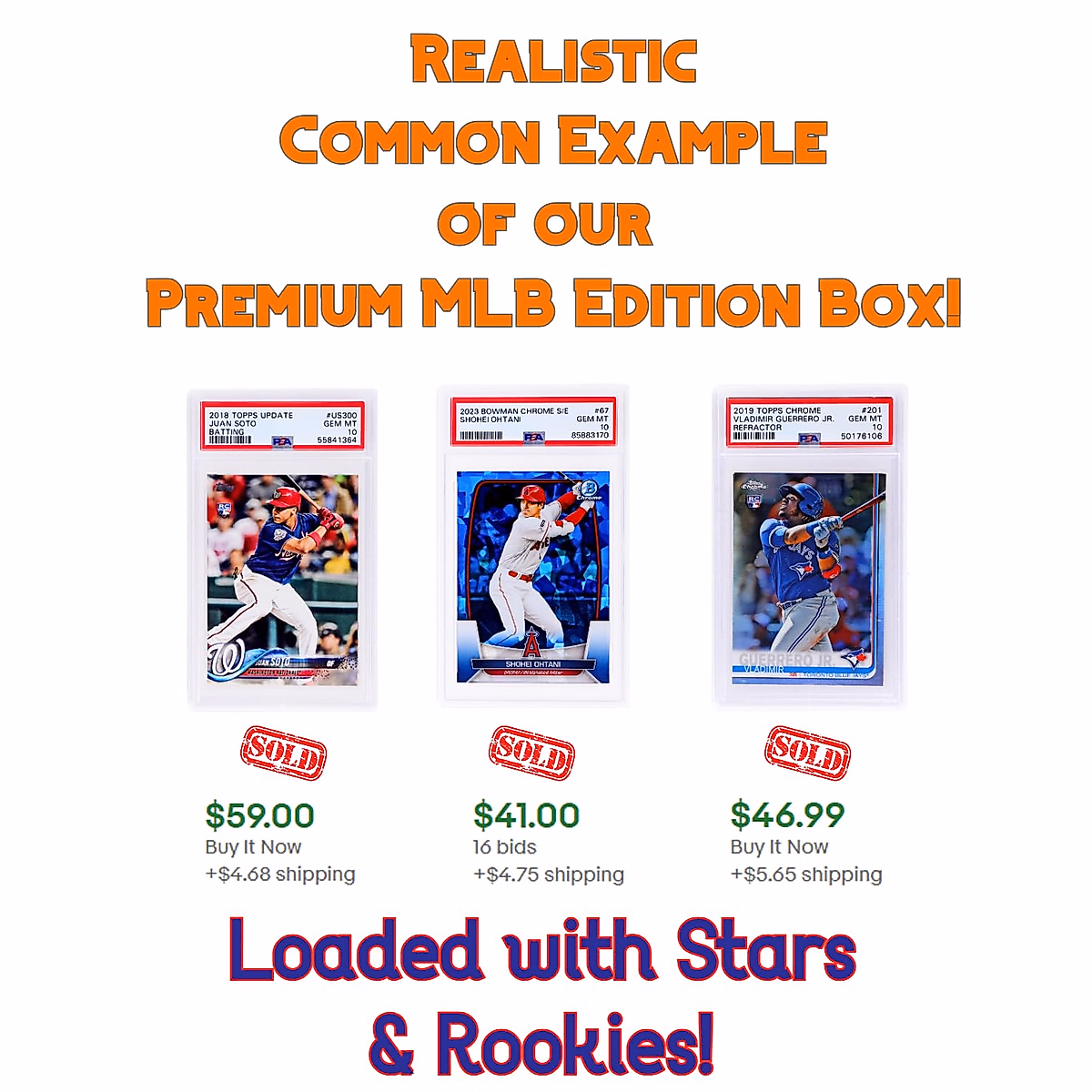 Three Graded Baseball Cards Gift Box: MLB Edition │Three Premium PSA/BGS Graded 10, 9.5 or 9 Cards │Potential Rookie Autographs & Numbered RC Refractors│Gift for Baseball Fans│by Slabs of Heat