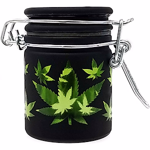 Airtight Glass Herb Mini Stash Jar with Clamping Lid in Choice of Design (Black Frosted with Green Leaf)