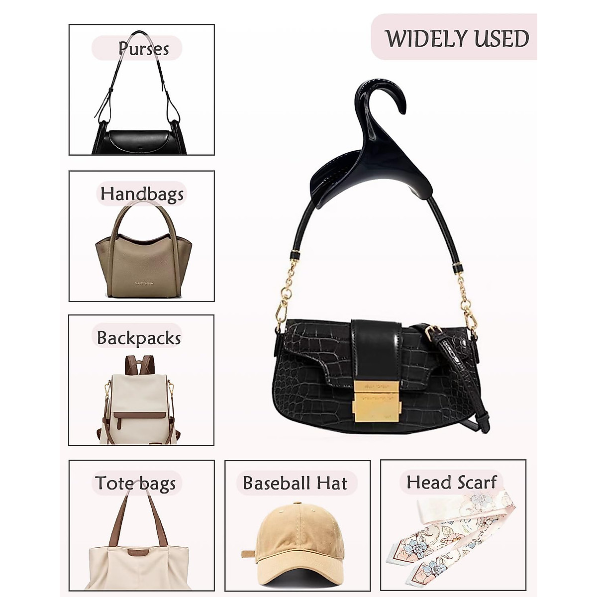 SEEBRIDER Bag Hanger, Purse Holder for Closet Black Backpack Hanger Hook for Organizer Storage Purses Tote Bag Backpacks Handbags(10 Pack)