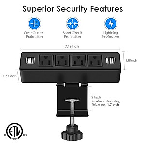 4 Outlet Desk Clamp Power Strip with USB Ports,Removable Desk Edge Mount Power Strip,4 USB Ports,Clamp on Desk Power Station,6ft Cord,Fit 1.7" Tabletop