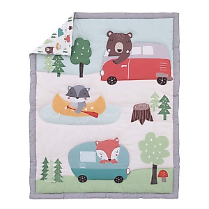 NoJo Little Love Retro Happy Camper Green, Aqua and Grey 3 Piece Nursery Crib Bedding Set - Comforter, Fitted Crib Sheet and Dust Ruffle