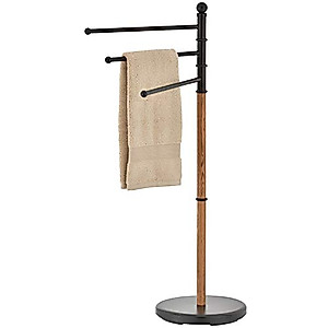 MyGift 40 Inch Black Steel Freestanding Bathroom Towel Rack with 3 Swivel Arms and Oak Wood-Tone Finish, Indoor and Outdoor Pool Spa Towel Holder