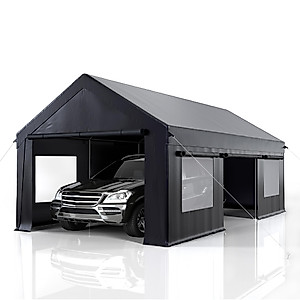 AirWire Carport 12' x 20' Heavy Duty Portable Garage, Carport Canopy with Side-Opening Door & Roll-Up Windows, Car Canopy Reinforced Four-Hole Base for Car, Truck, Boat, Party, Black