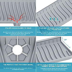 Longer Sink Splash Guard Mat 30 inch, Silicone Faucet Handle Drip Catcher Tray, Longer Silicone Sink Mat for KitchenBathroom, Drip Protector Splash Countertop (Grey)