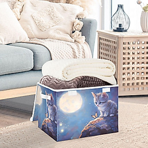 AIXIWAWA Storage Cube with Lid (Night Cute Cat), Fabric Foldable Closet Bins with Flip Lid and Handles, Organizer Basket Container 16.5 x 12.6 x 11.8 IN