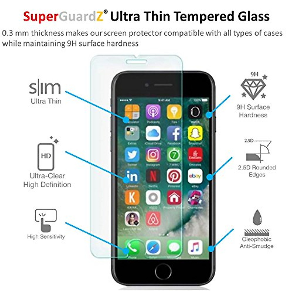 [2-Pack] For iPhone SE (3rd / 2nd Gen, 2022 / 2020) / iPhone 8 / iPhone 7 Screen Protector Anti Blue Light Tempered Glass [Eye Protection], SuperGuardZ, 9H, 0.3mm, Anti-Scratch, Anti-Bubble [Lifetime Replacement]