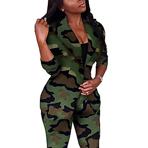 2 Piece Outfits for Women Camouflage Print Long Sleeve Blazer and Skinny Long Pants Set Clubwear