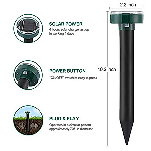 Mole Repellent Solar Powered Gopher Repellent Ultrasonic Solar Powered Sonic Mole Deterrent Stakes, Snake Groundhog Repellent for Yard, Garden, Lawn (4 Pack)