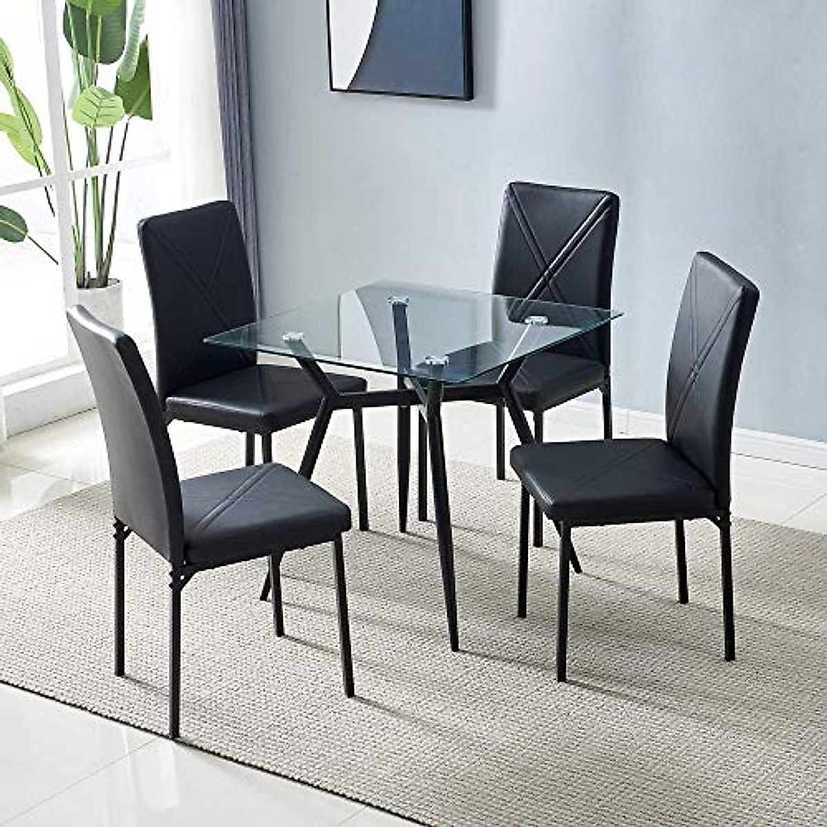 Knocbel Modern Square Glass Dining Table with Metal Legs, 177lbs Weight Capacity, 31.5" L x 31.5" W x 29.5" H (Clear and Black)