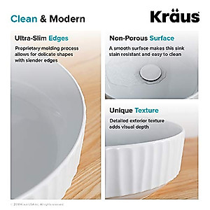 KRAUS Viva™ Round White Porcelain Ceramic Vessel Bathroom Sink with Pop-Up Drain, 15 3/4 in. D x 4 3/4 in. H, KCV-201GWH