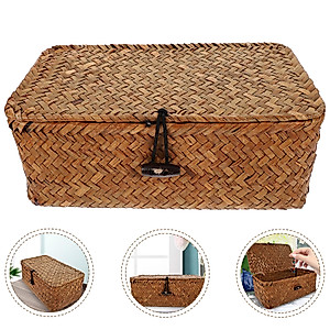Gatuida Rectangular Wicker Baskets with Lids, Seagrass Storage Baskets with Button Multipurpose Container for Desktop,Size S