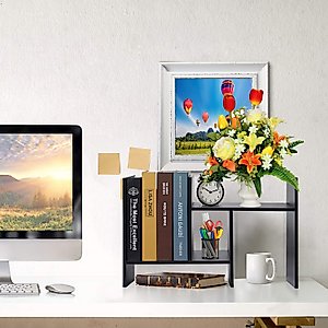 Hossejoy Desktop Organizer Office Storage Rack Adjustable Wood Desk Organizer Display Shelf, Countertop Bookcase Desktop Bookshelf- Free Style Double H Display, Black