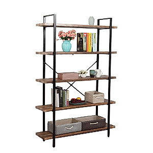JAXSUNNY Industrial 5-Tier Open Storage Bookshelf Bookcase Organizer Furniture with Metal Frame for Home, Living Room, Office, Bedroom, Stable, Rustic Brown