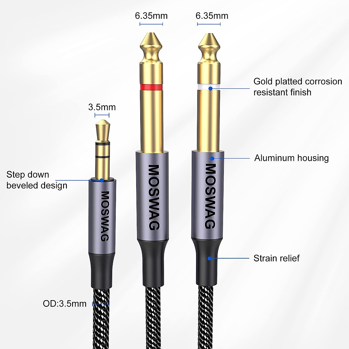 MOSWAG 3.5mm 1/8" TRS Male to 2X 6.35mm 1/4" TS Male Mono Stereo Y-Cable Splitter 10FT/3Meter Compatible for Home Stereo Systems,Laptop,Amplifier,Mixer Audio Recorder，MP3,etc