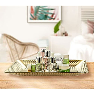 Koluti 12 Inch Gold Rectangle Decorative Tray, Brass Tone Hammered Nightstand Accessory Dresser Serving Plate, Counter Perfume Jewelry Makeup Organizer Storage, Stainless Steel