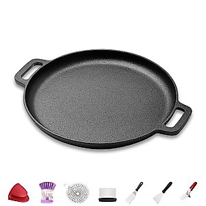 KAVSI Cast Iron Pan, Pizza Pan with Dual Handle, Baking Pan, Cast Iron Skillets for Cooktop, Oven, BBQ-12 Inch Pizza Cooker with 7 Pcs Accessories
