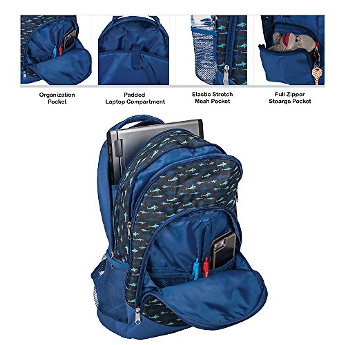 Reinforced and Water Resistant Padded Laptop School Backpack (Shark Ocean Blue)