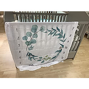 Organic Baby Monthly Milestone Blanket Newborn Boy Girl Unisex Gender Neutral| Green Leaf Wreath Eucalyptus Baby Nursery Month Picture Blanket| Growth Photography Background Prop|Birth Announcement