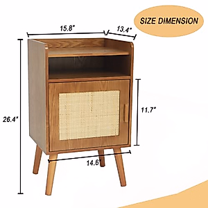 AWASEN Mid Century Modern Nightstand, Rattan Nightstand with 2-Tier Shelf and Door, Bedside Table with Storage for Small Spaces, Bedroom,Living Room, Easy Assembly, Brown Walnut