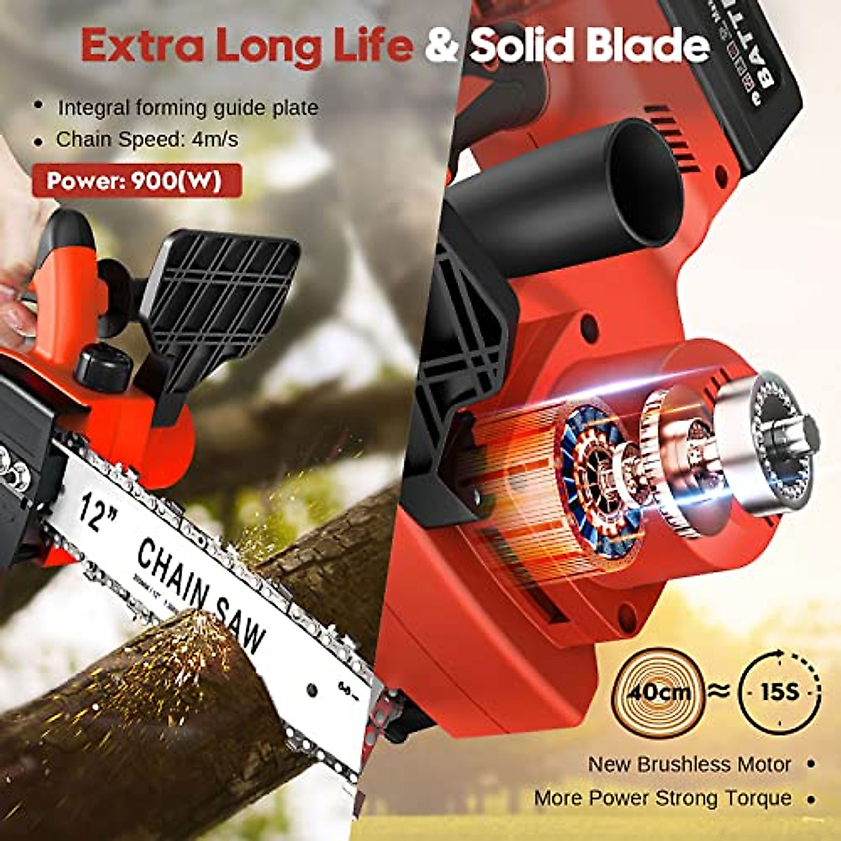 Electric Chainsaw Cordless 12 Inch 3000mAh Chainsaw Power With 2 Chains, Brushless Chainsaw Battery Powered For Trees Cordless Chainsaw Wood Farm Garden Ranch Forest Cutting Fast Charger Included