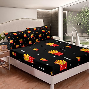 French Fries Print Fitted Sheet Full Size Snacks Bed Sheet Set for Boys Girls Teens Bedroom Decor Fried Food Print Bedding Set Women Men Star Print Bed Cover with 2 Pillow Case