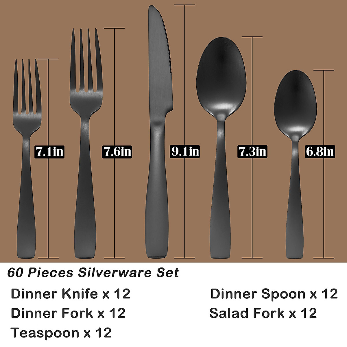 60-Piece Black Silverware Set for 12, HaWare Stainless Steel Flatware with Mellow and Full Square Handle, Cutlery Set for Home Kitchen, Include Fork Knife Spoon, Matte Finish, Dishwasher Safe