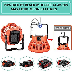 YEX-BUR Portable Camping Fan for Black & Decker, Rechargeable Personal Desk Tent Fan with Foldable Hook,Remote Control 4H Timer for Black & Decker 20V Li-ion Battery Cordless Fan for Camping, Office, Travel