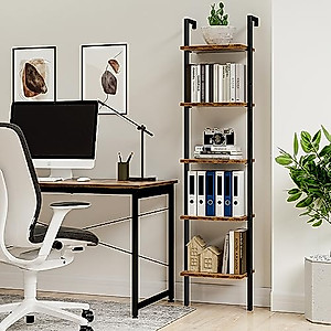 NUMENN Industrial Ladder Shelf, 5 Tier Book Shelf, Open Space Wall Mount Bookshelf with Metal Frame, Sturdy Book Shelves, Bookcase for Living Room, Home Office Shelf, Vintage Brown