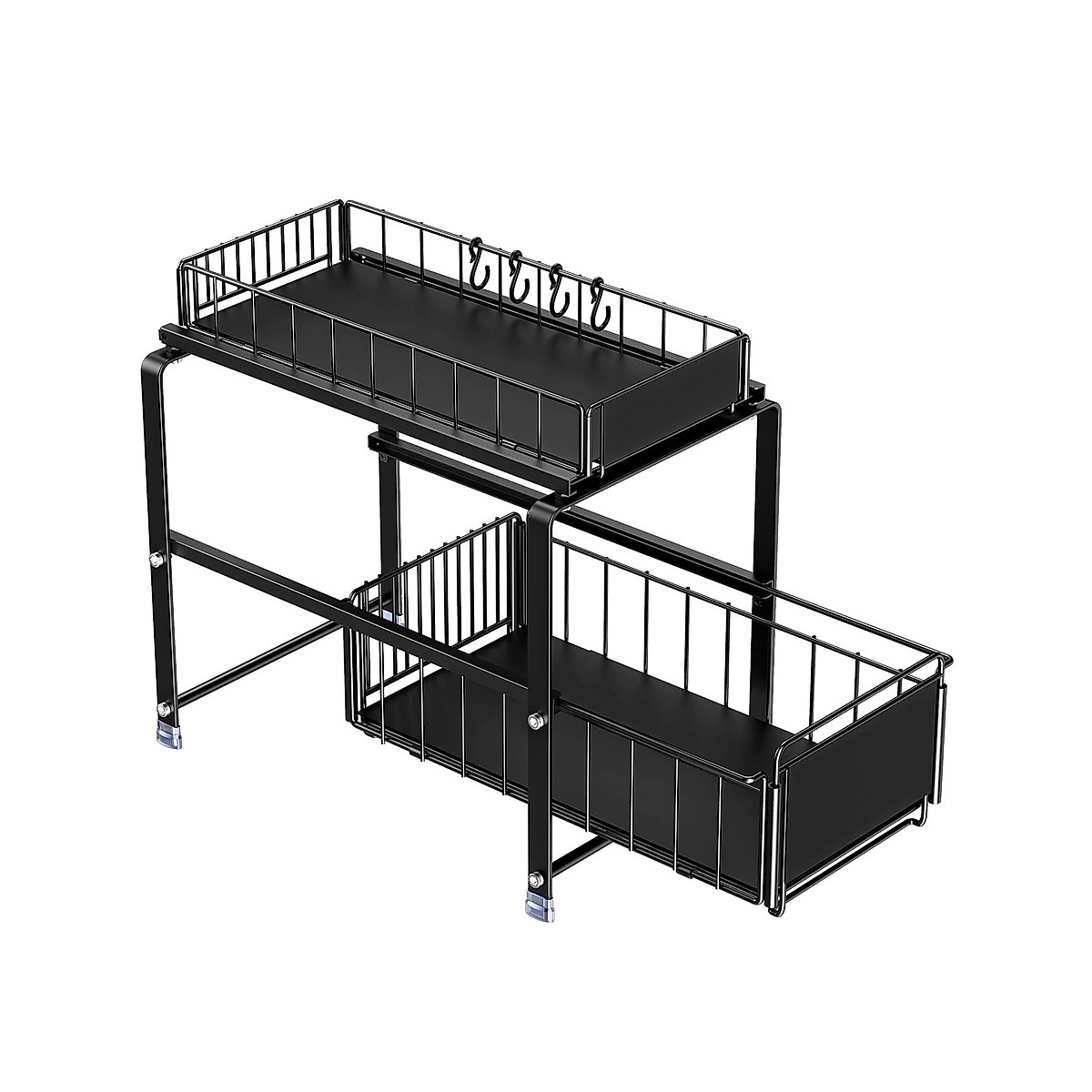 Docusvect Under Sink Organizer, 2-Tier Metal Under Cabinet Sliding Storage, Under Kitchen Sink Organizer, Under Sink Organizers and Storage with Hooks, Organizer for Bathroom Kitchen (Steel-1Pack)